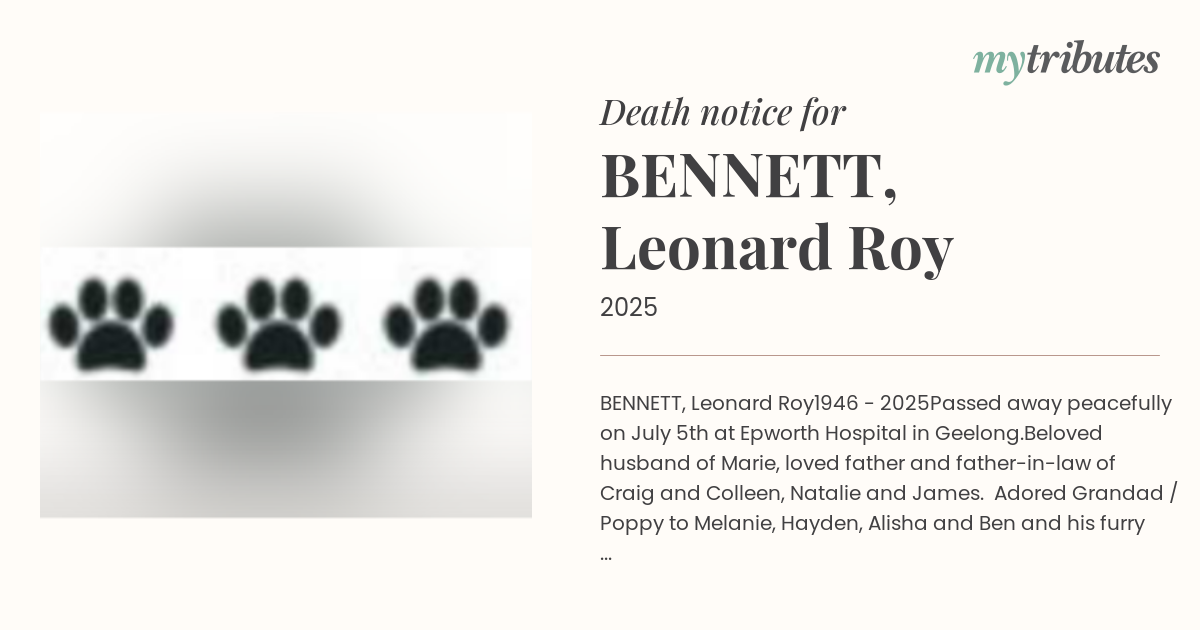 BENNETT, Leonard Roy | Death Notices | Melbourne | My Tributes