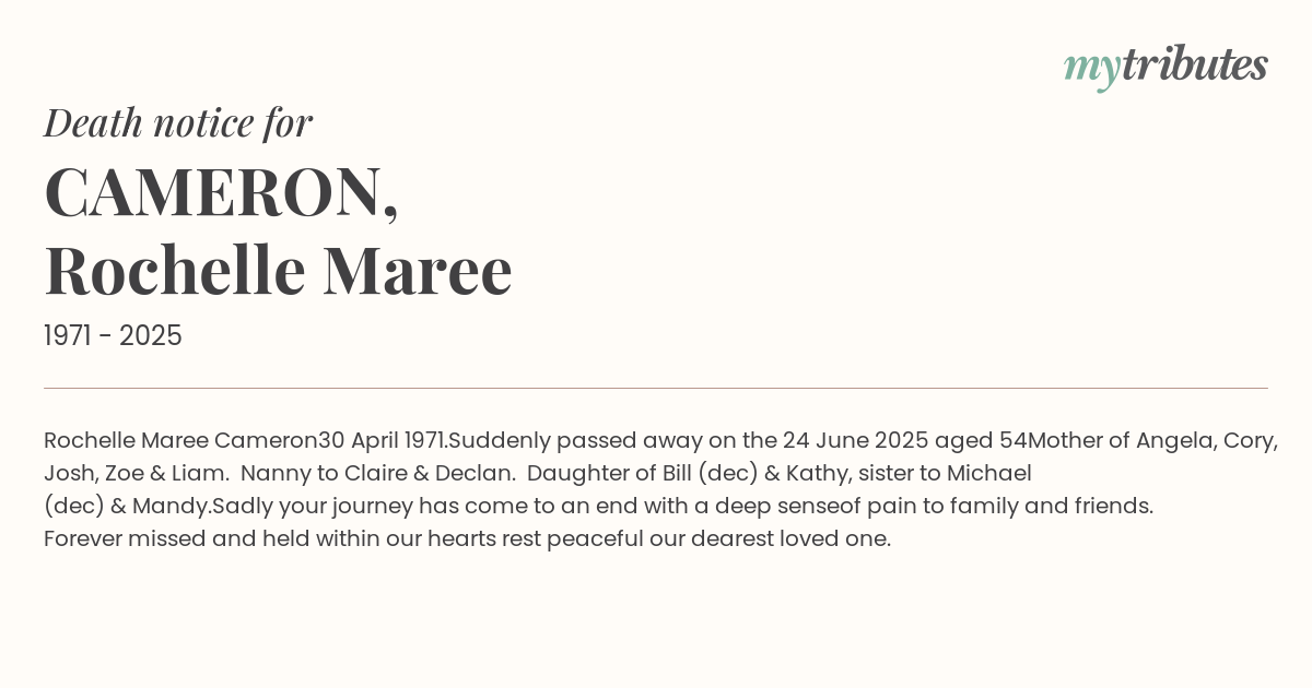 CAMERON, Rochelle Maree | Death Notices | Melbourne | Herald Sun