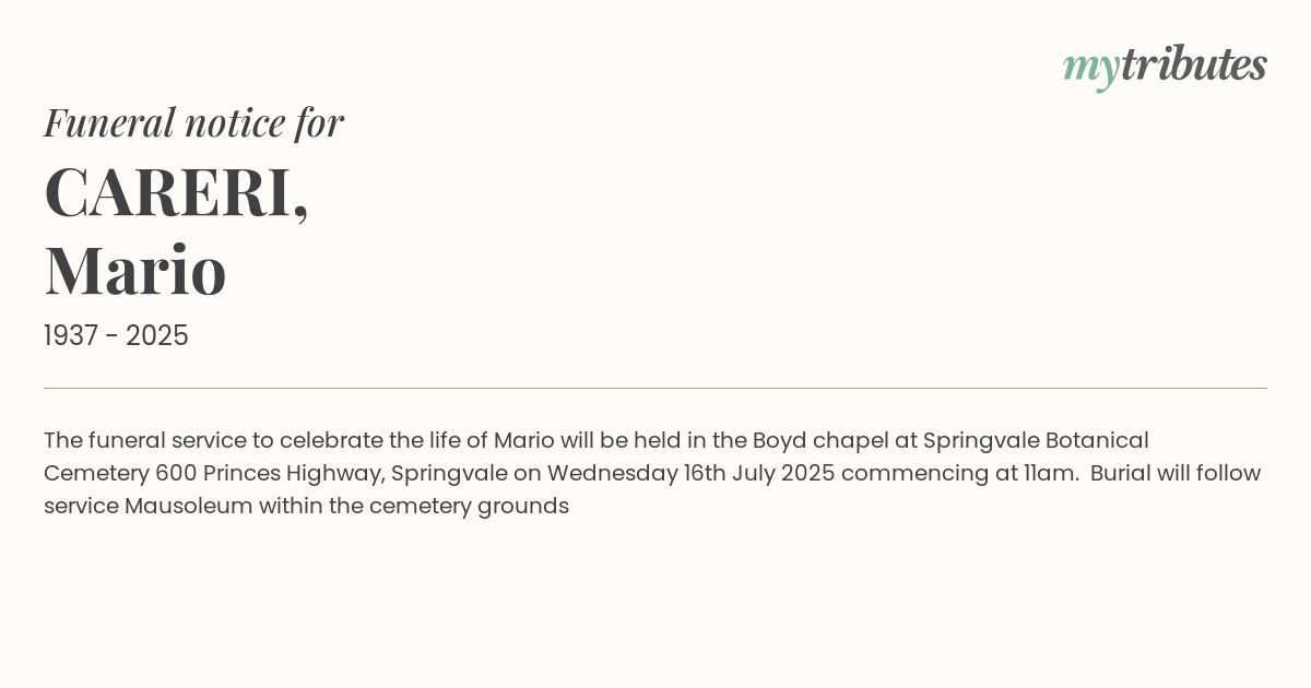 CARERI, Mario | Funeral Notices | Melbourne | My Tributes