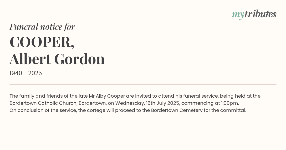 COOPER, Albert Gordon | Funeral Notices | Adelaide | My Tributes