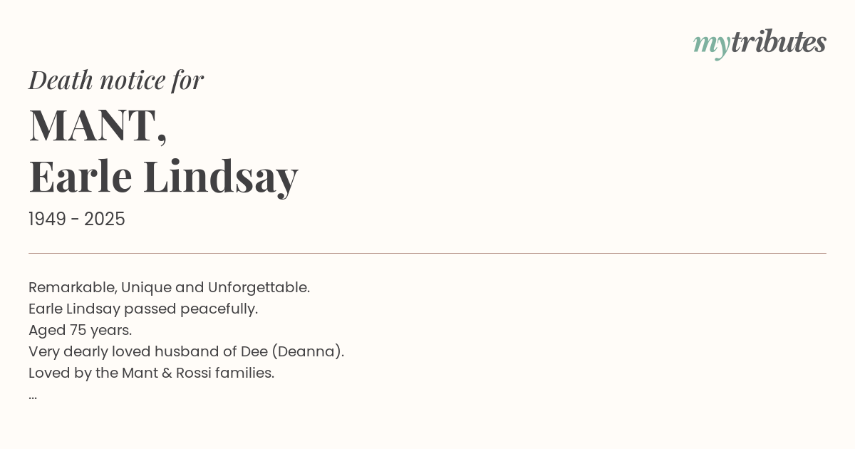 MANT, Earle Lindsay | Death Notices | Melbourne | Herald Sun