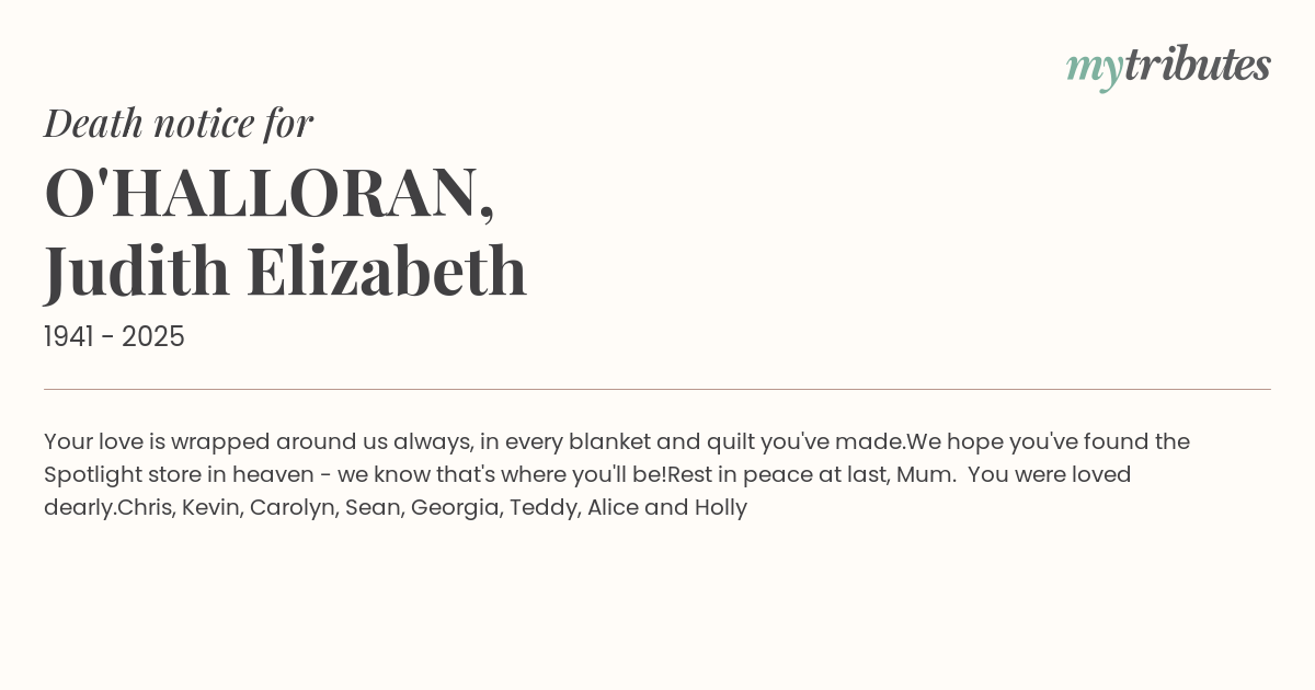 O'HALLORAN, Judith Elizabeth | Death Notices | Melbourne | My Tributes