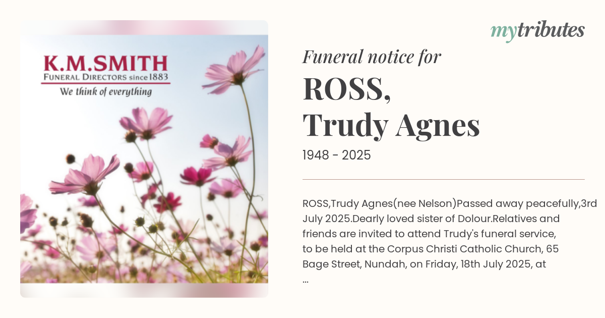 ROSS, Trudy Agnes | Funeral Notices | Brisbane | My Tributes