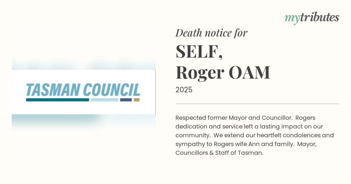 SELF, Roger OAM | Death Notices | Tasmania | My Tributes