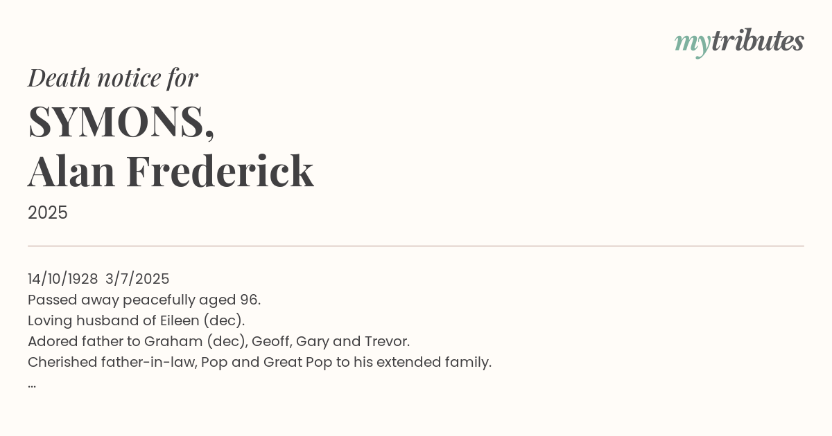 SYMONS, Alan Frederick | Death Notices | Geelong | My Tributes