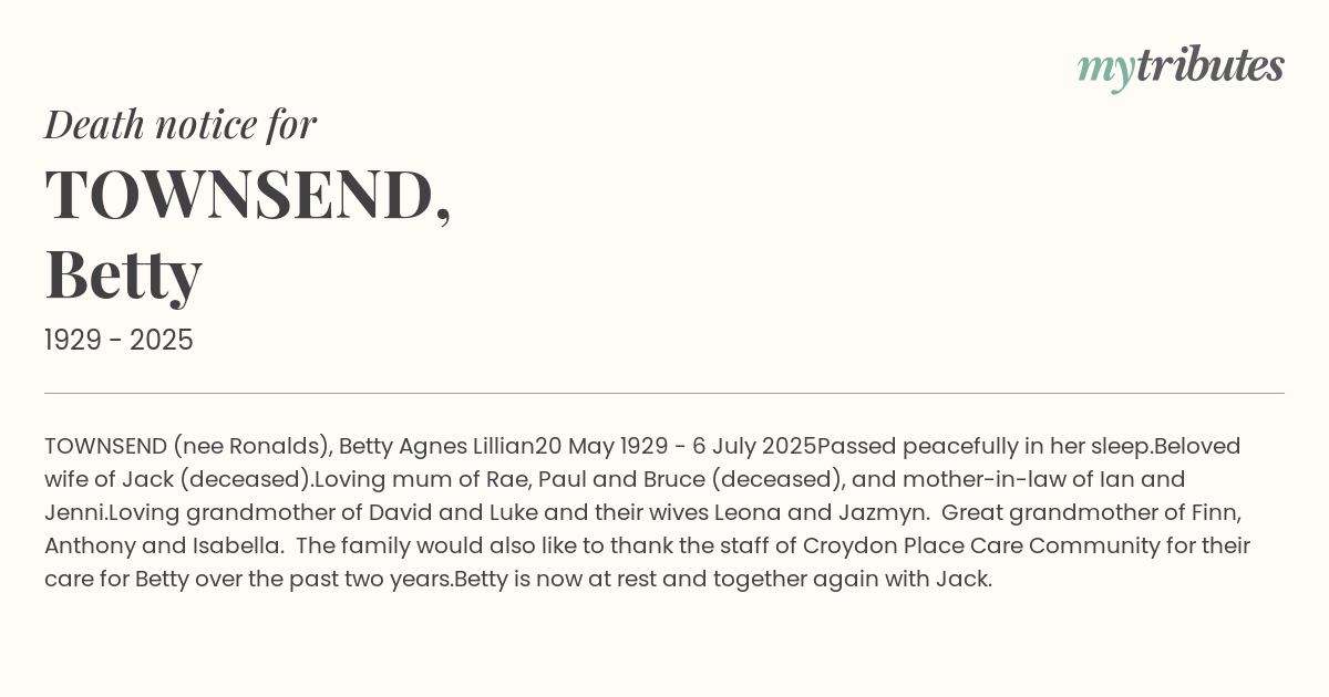 TOWNSEND, Betty | Death Notices | Melbourne | My Tributes