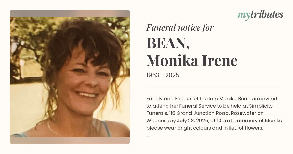 BEAN, Monika Irene | Funeral Notices | Adelaide | The Advertiser