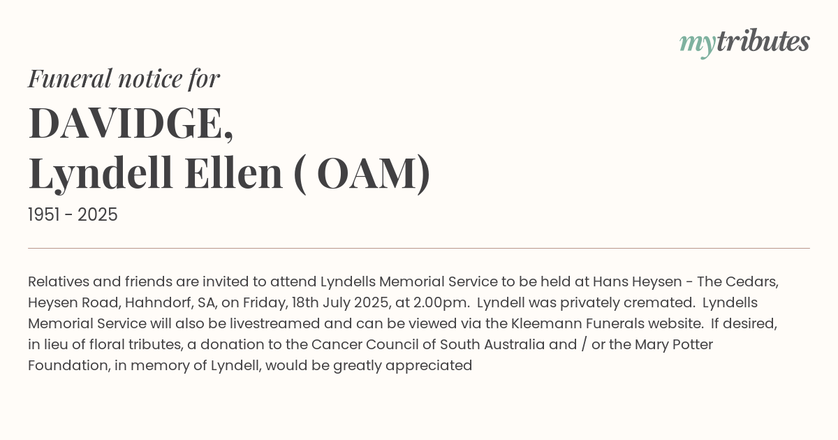 DAVIDGE, Lyndell Ellen ( OAM) | Funeral Notices | Adelaide | My Tributes