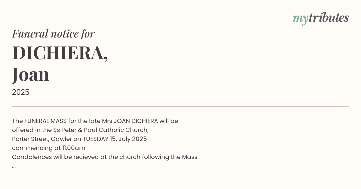 DICHIERA, Joan | Funeral Notices | Adelaide | The Advertiser