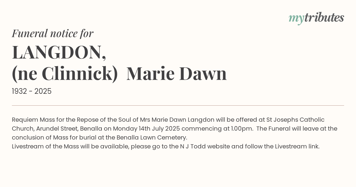 LANGDON, (neé Clinnick) – Marie Dawn | Funeral Notices | Melbourne ...