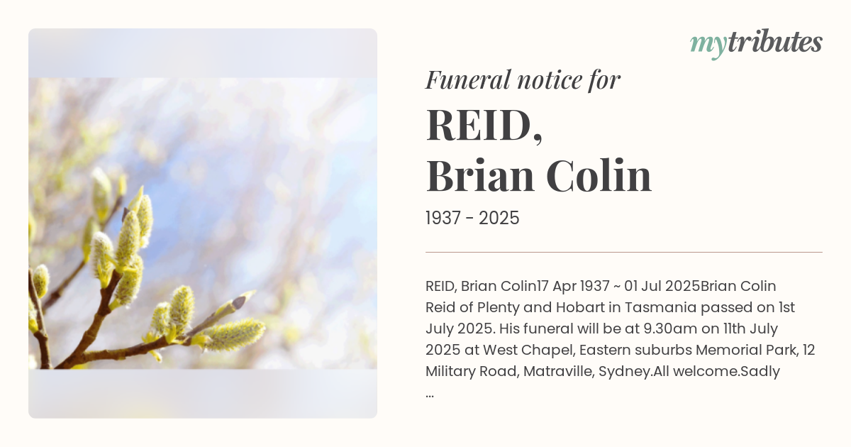 REID, Brian Colin | Funeral Notices | Tasmania | My Tributes