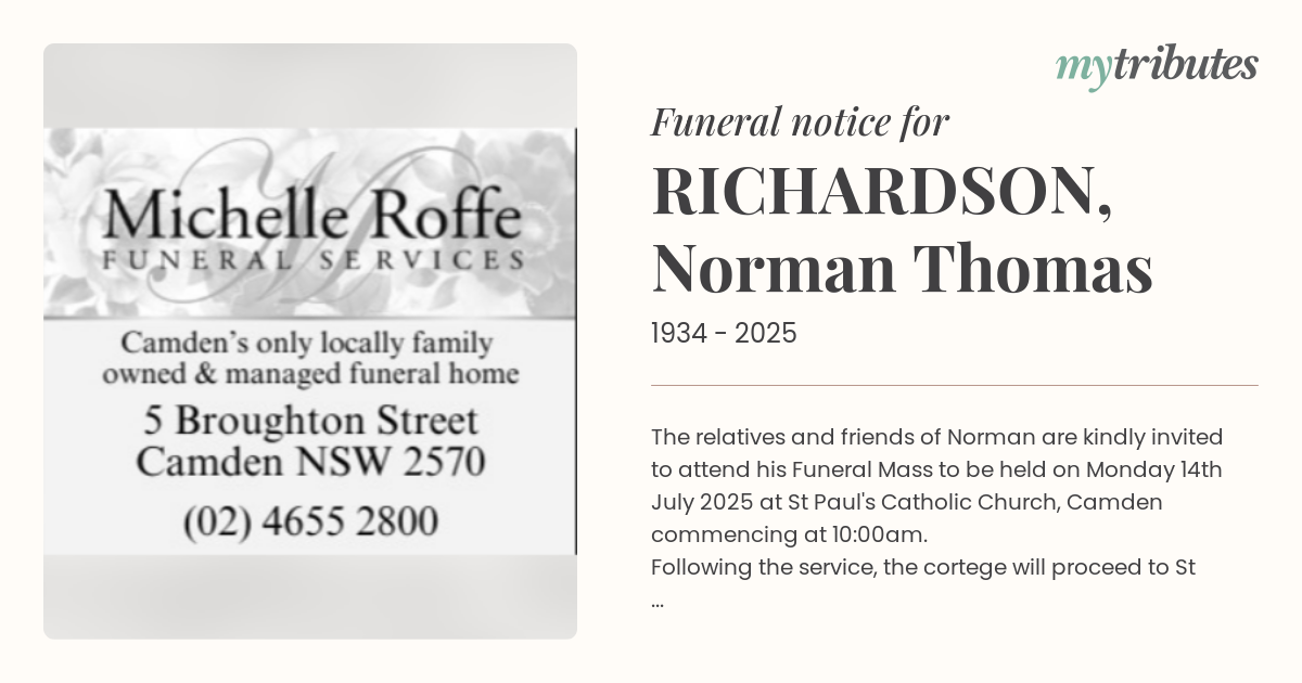 RICHARDSON, Norman Thomas | Funeral Notices | Sydney | My Tributes