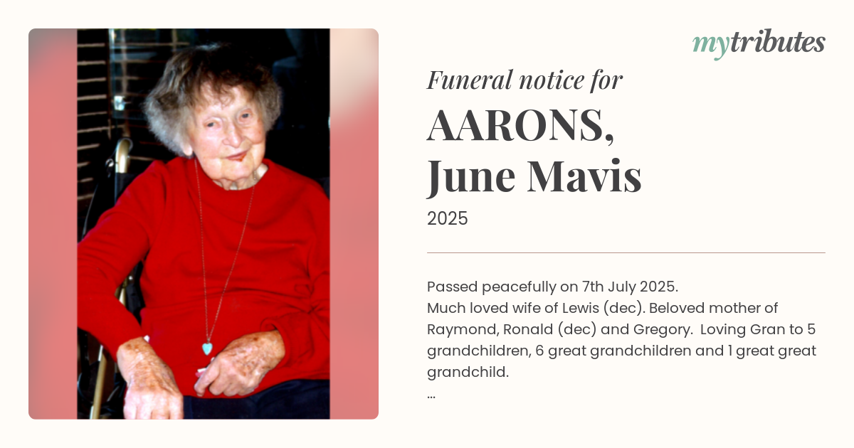 AARONS, June Mavis | Funeral Notices | Sydney | My Tributes