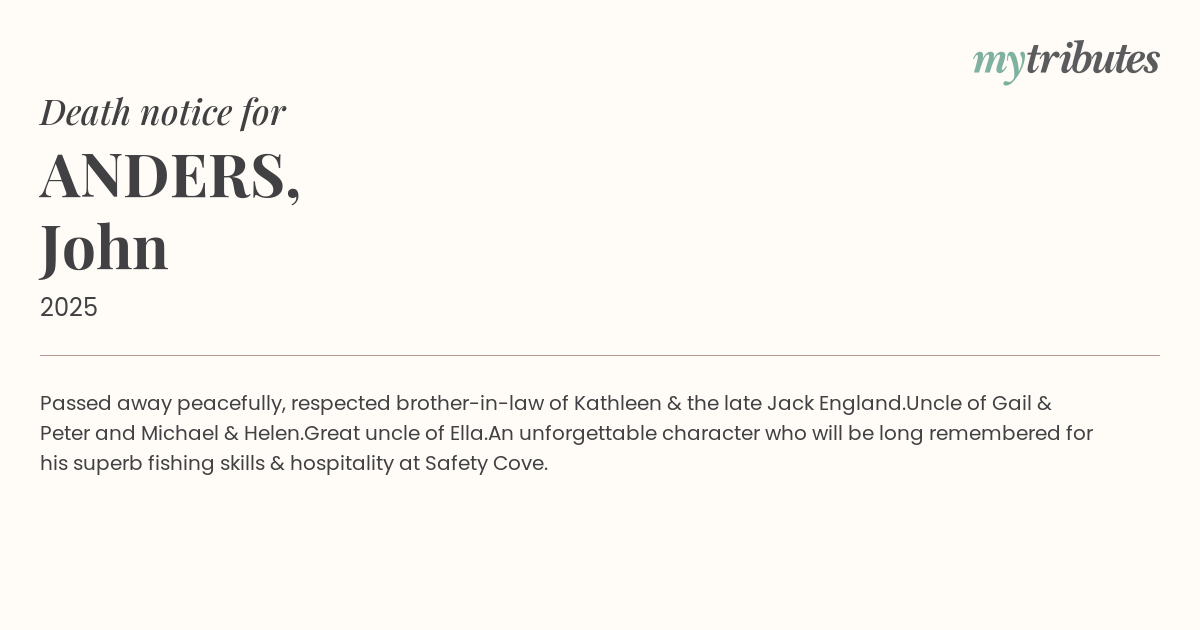 ANDERS, John | Death Notices | Tasmania | The Advertiser