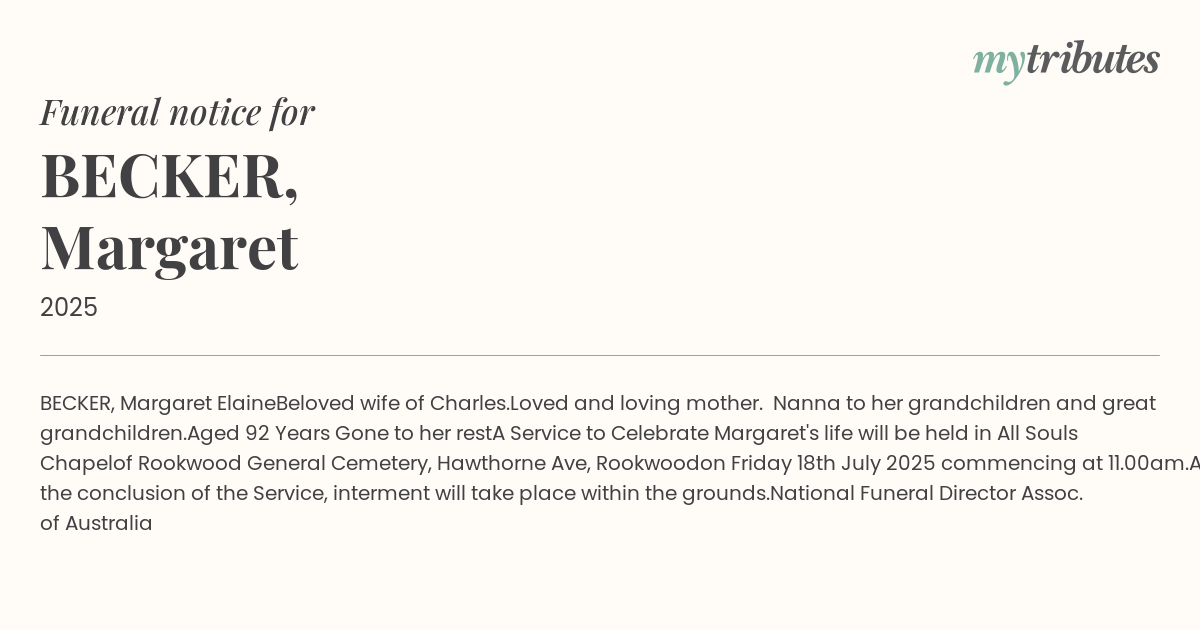BECKER, Margaret | Funeral Notices | Sydney | My Tributes