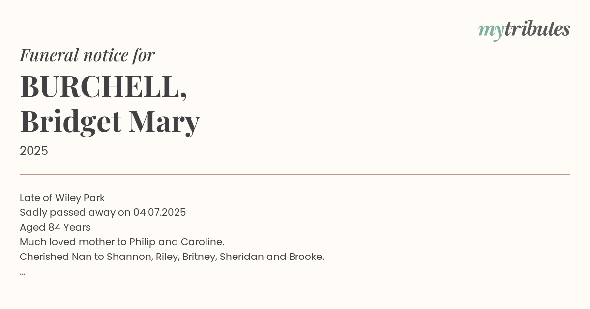 BURCHELL, Bridget Mary | Funeral Notices | Sydney | My Tributes