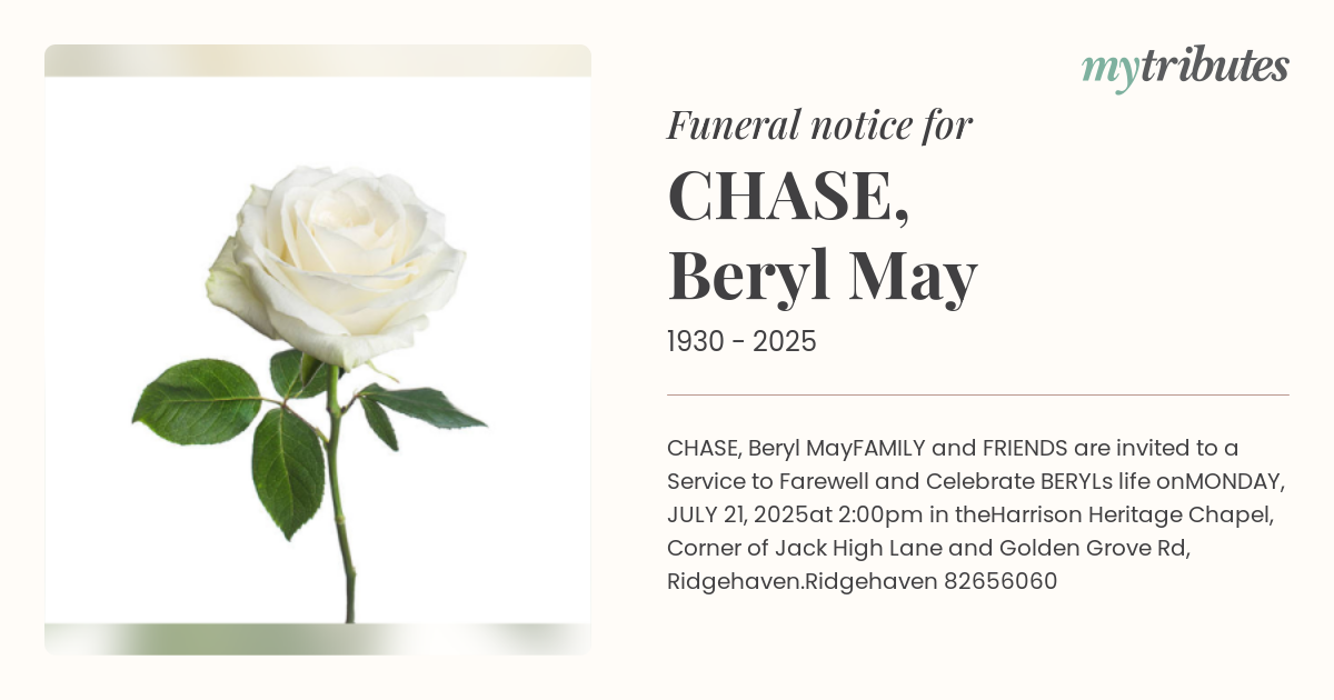 CHASE, Beryl May | Funeral Notices | Adelaide | My Tributes