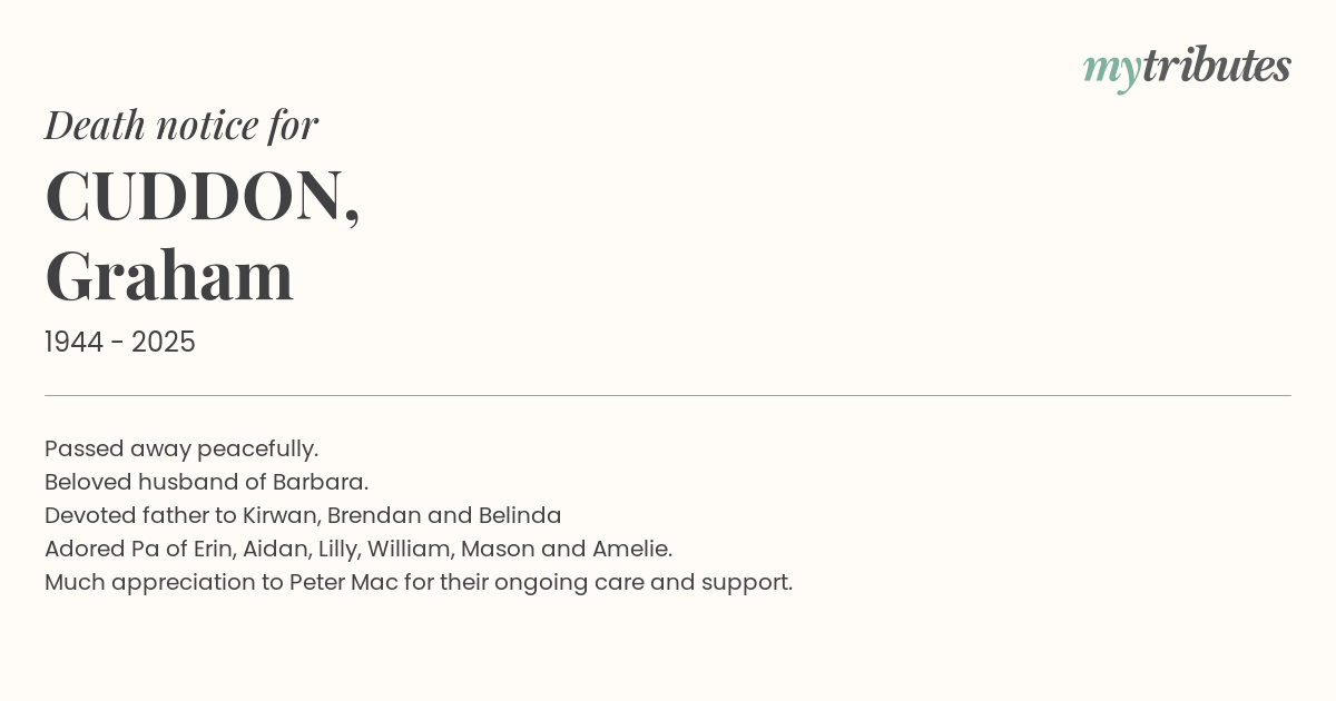 CUDDON, Graham | Death Notices | Melbourne | My Tributes
