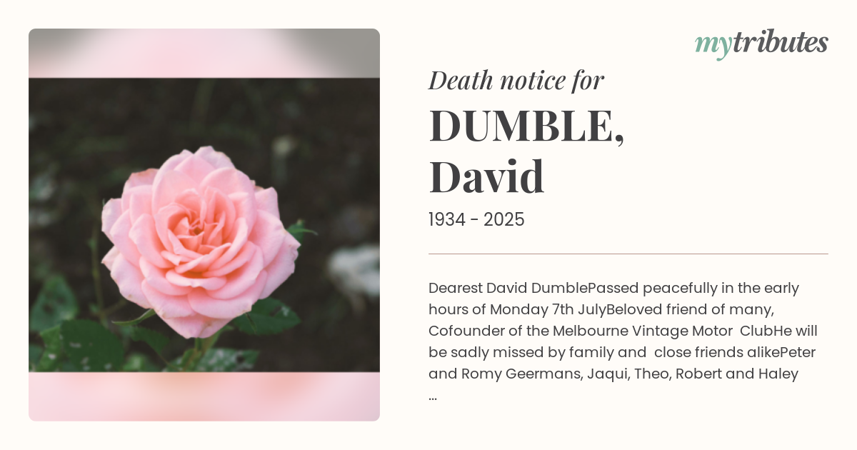 DUMBLE, David | Death Notices | Melbourne | My Tributes