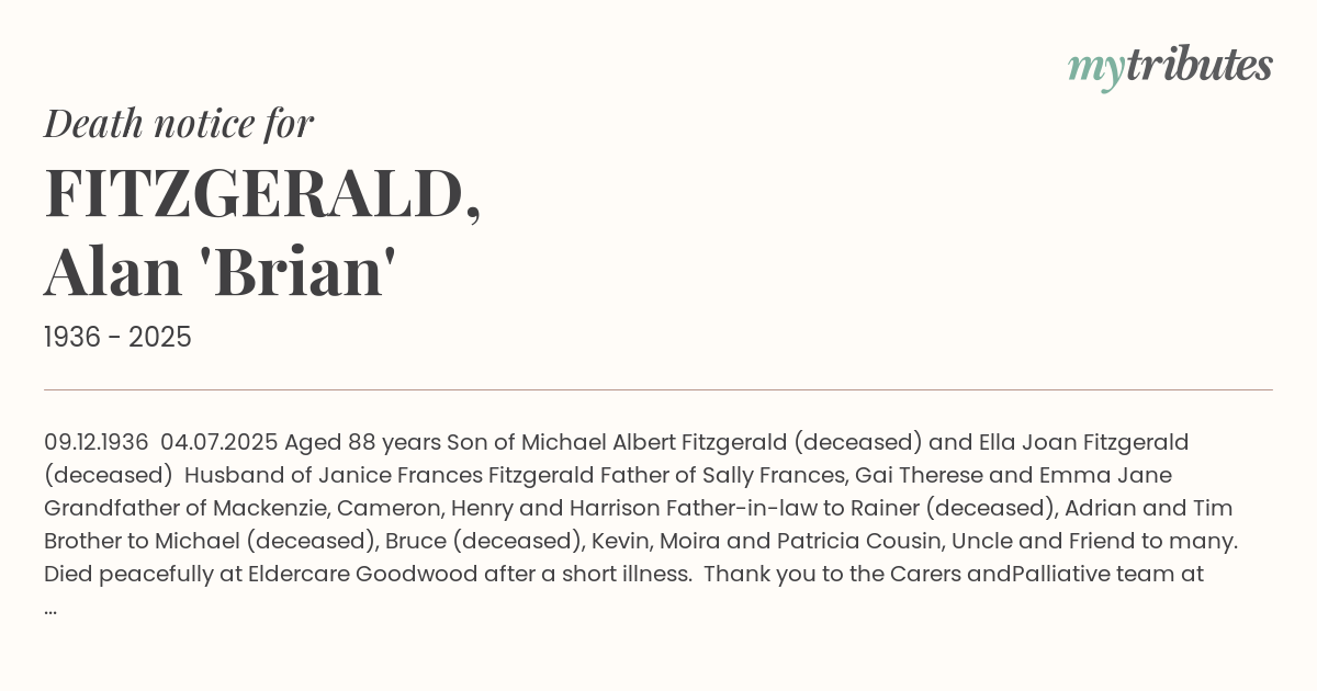 FITZGERALD, Alan 'Brian' | Death Notices | Adelaide | My Tributes