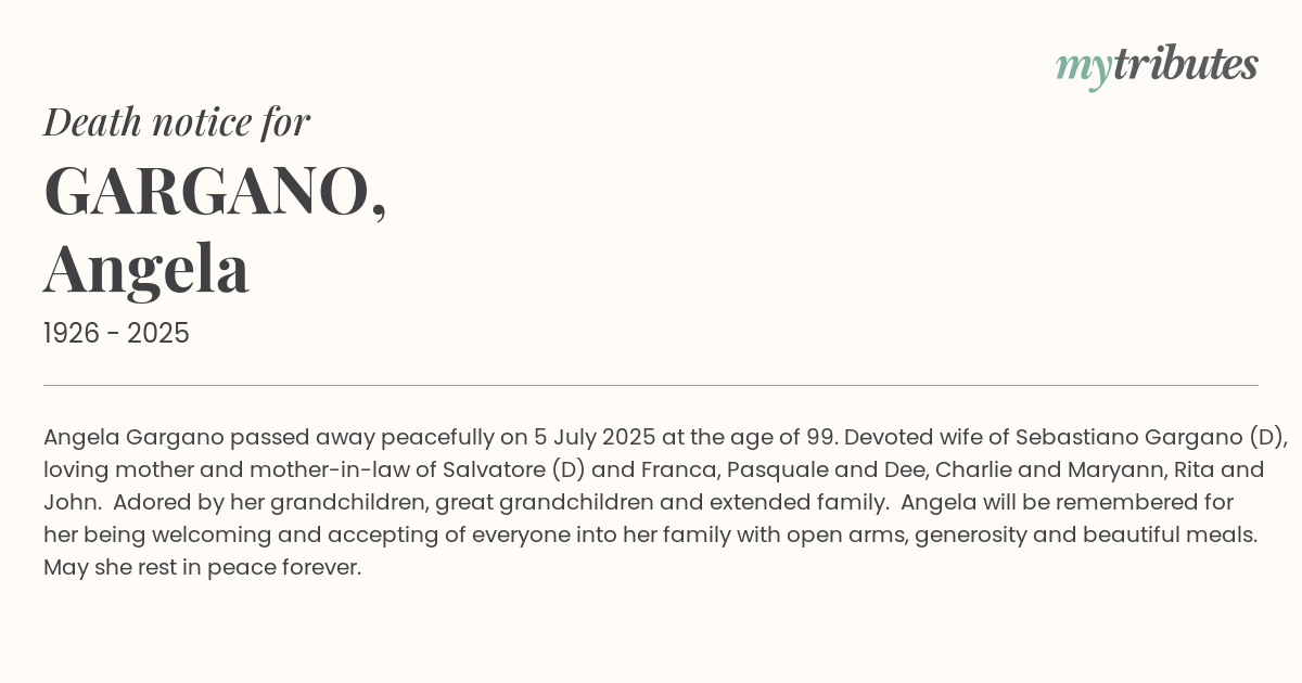 GARGANO, Angela | Death Notices | Melbourne | My Tributes