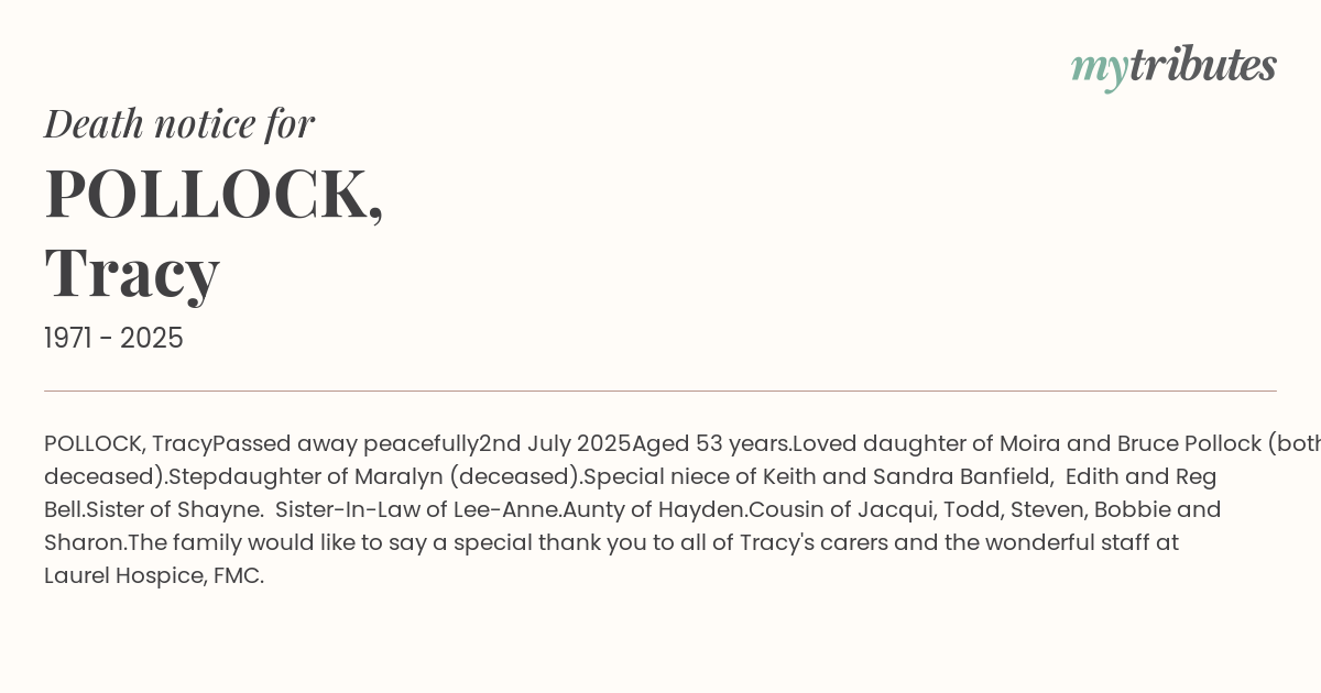 POLLOCK, Tracy | Death Notices | Adelaide | My Tributes