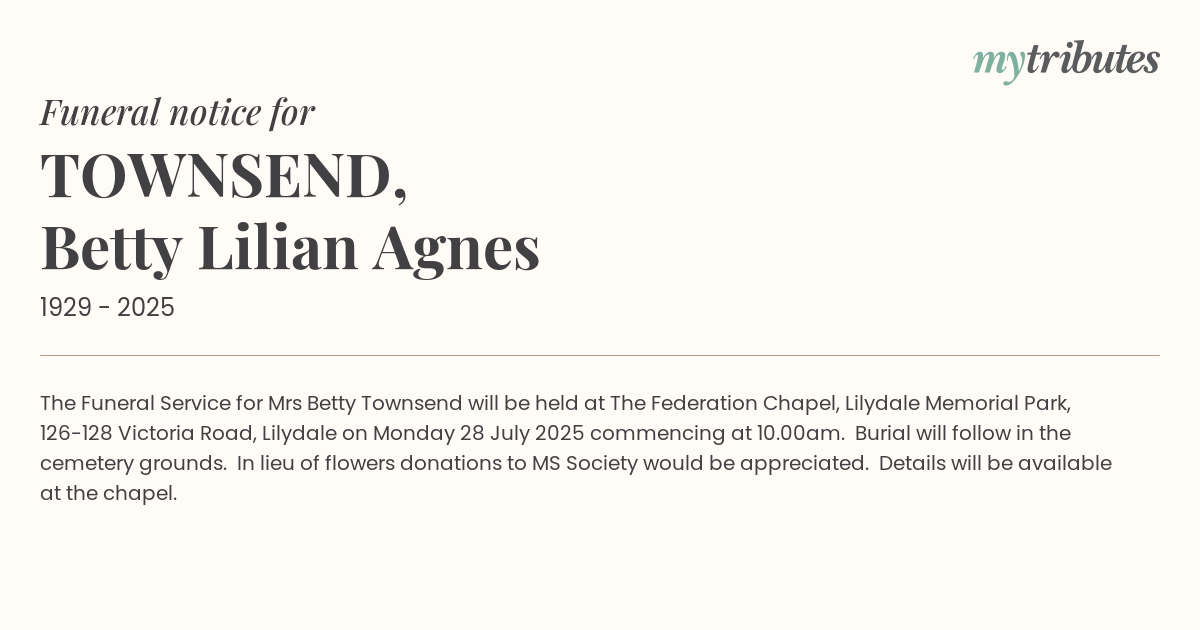 TOWNSEND, Betty Lilian Agnes | Funeral Notices | Melbourne | My Tributes