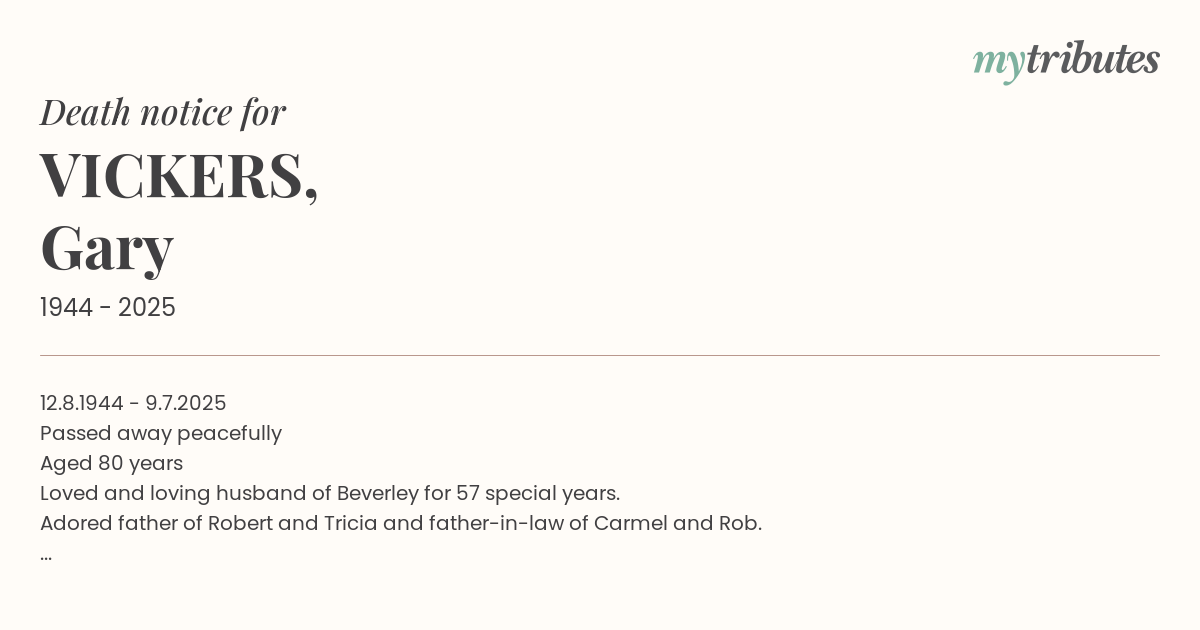 VICKERS, Gary | Death Notices | Adelaide | My Tributes