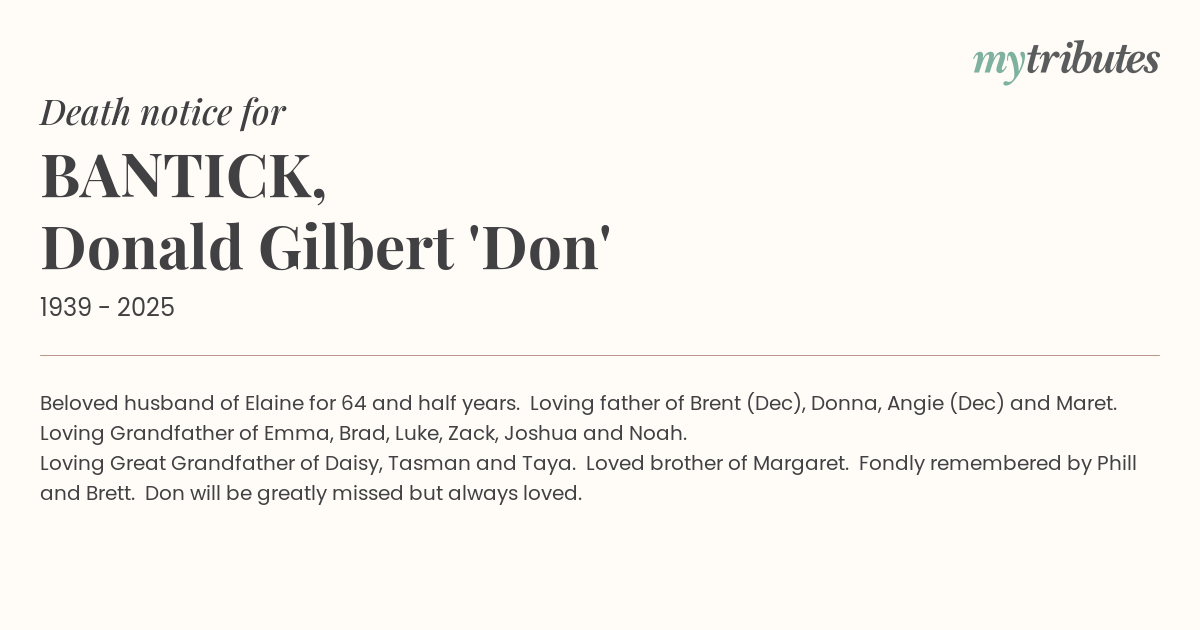 BANTICK, Donald Gilbert 'Don' | Death Notices | Tasmania | My Tributes