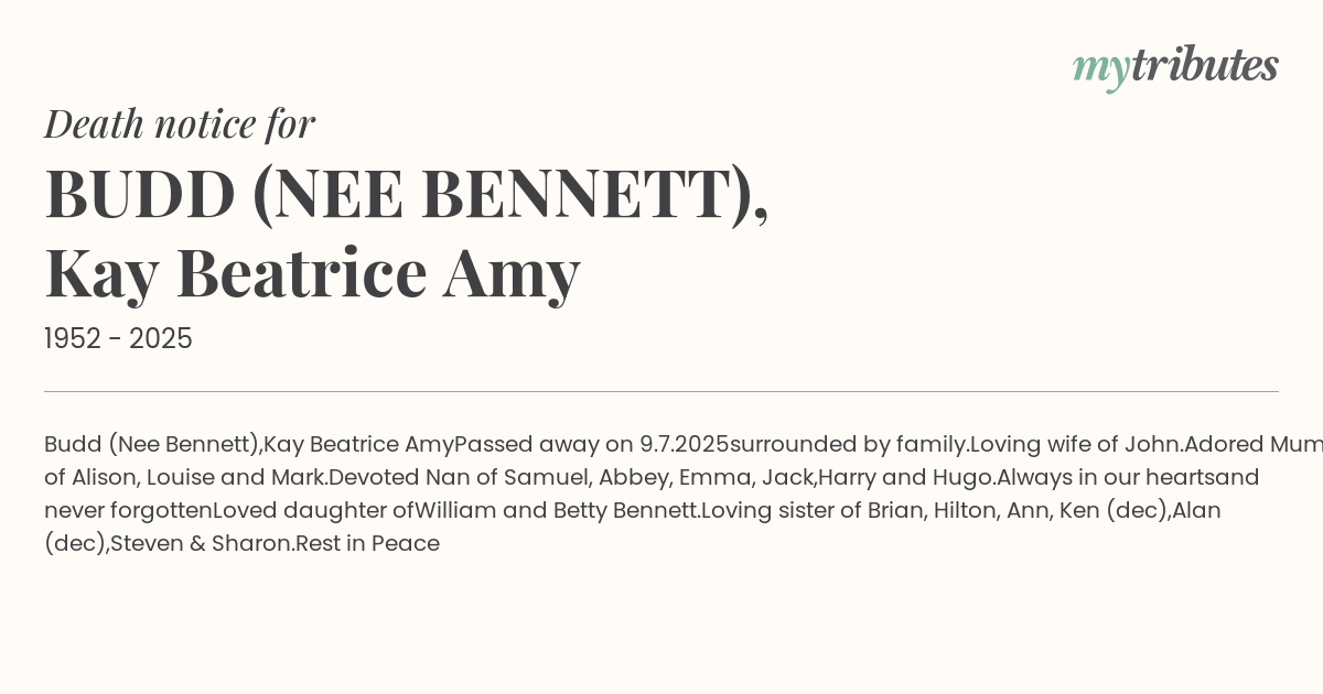 BUDD (NEE BENNETT), Kay Beatrice Amy | Death Notices | Tasmania | My ...