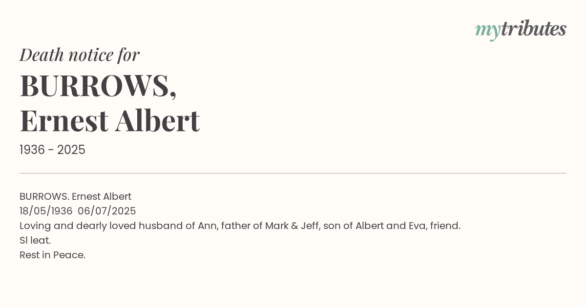 BURROWS, Ernest Albert | Death Notices | Melbourne | My Tributes