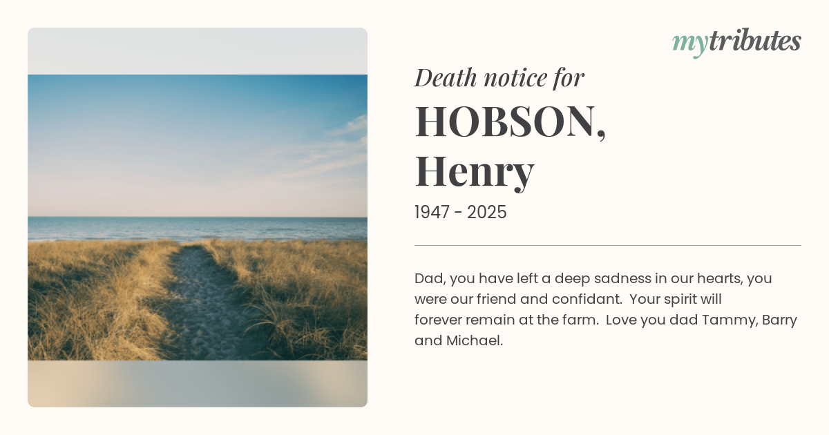HOBSON, Henry | Death Notices | Geelong | My Tributes
