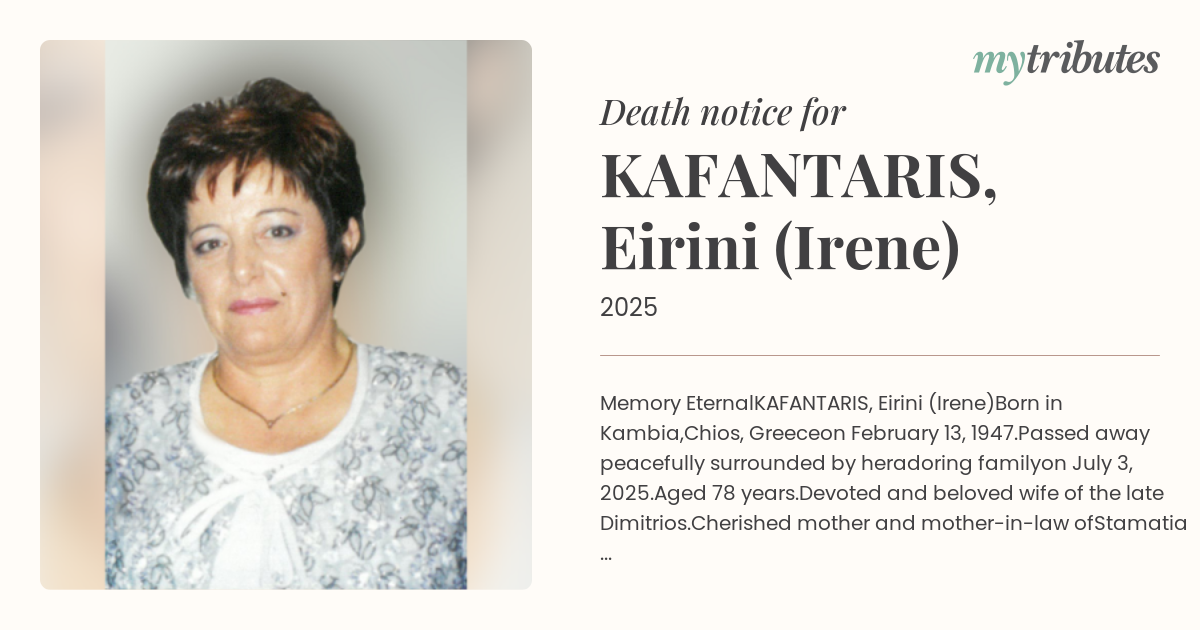 KAFANTARIS, Eirini (Irene) | Death Notices | Adelaide | My Tributes