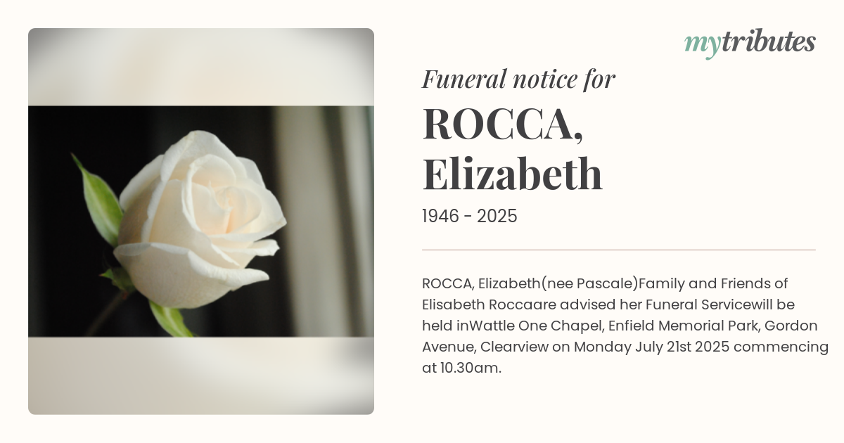 ROCCA, Elizabeth | Funeral Notices | Adelaide | My Tributes