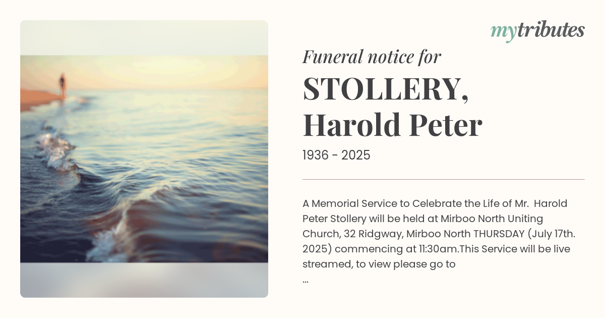 STOLLERY, Harold Peter | Funeral Notices | Melbourne | My Tributes