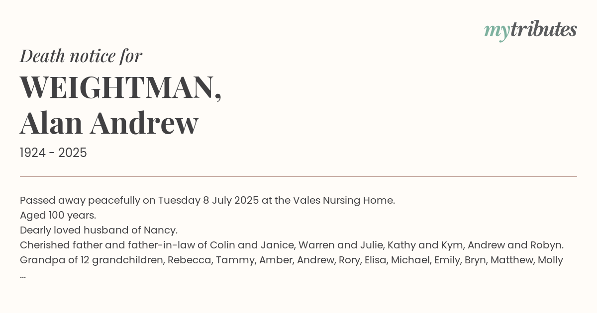 WEIGHTMAN, Alan Andrew | Death Notices | Adelaide | My Tributes