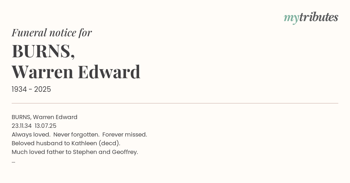 BURNS, Warren Edward | Funeral Notices | Sydney | My Tributes