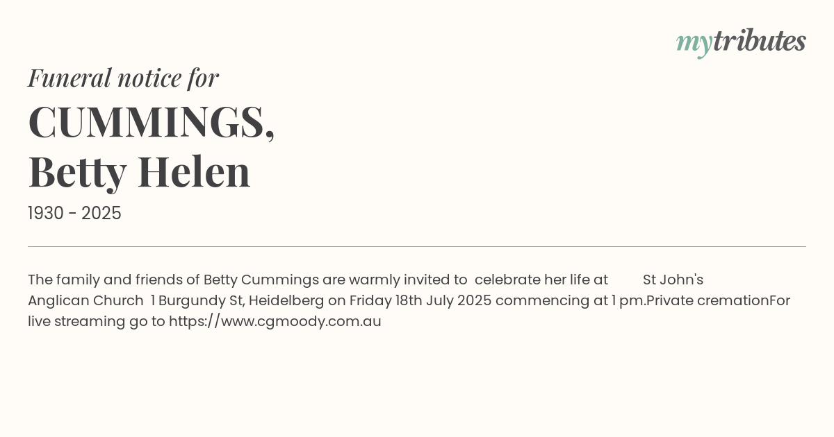 CUMMINGS, Betty Helen | Funeral Notices | Melbourne | My Tributes