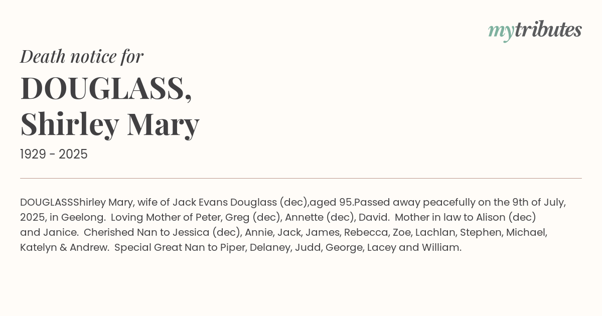 DOUGLASS, Shirley Mary | Death Notices | Geelong | My Tributes