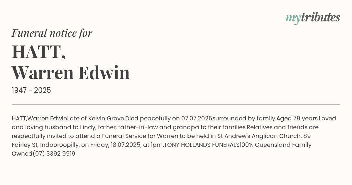 HATT, Warren Edwin | Funeral Notices | Brisbane | The Courier Mail