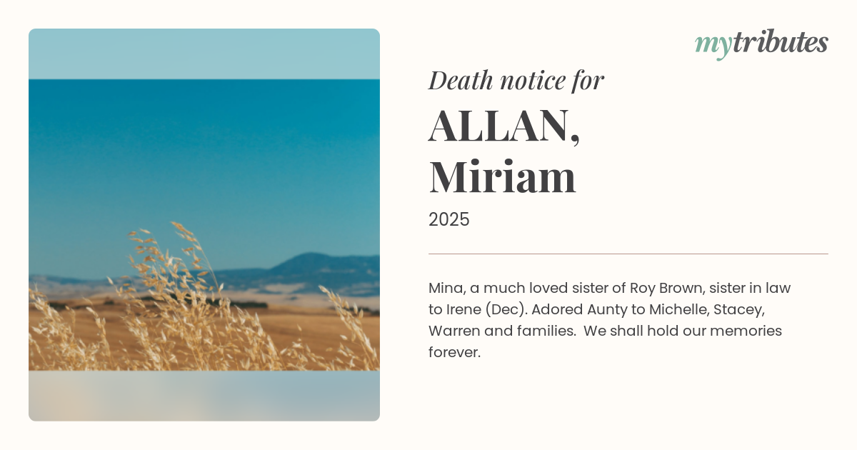 ALLAN, Miriam | Death Notices | Tasmania | My Tributes