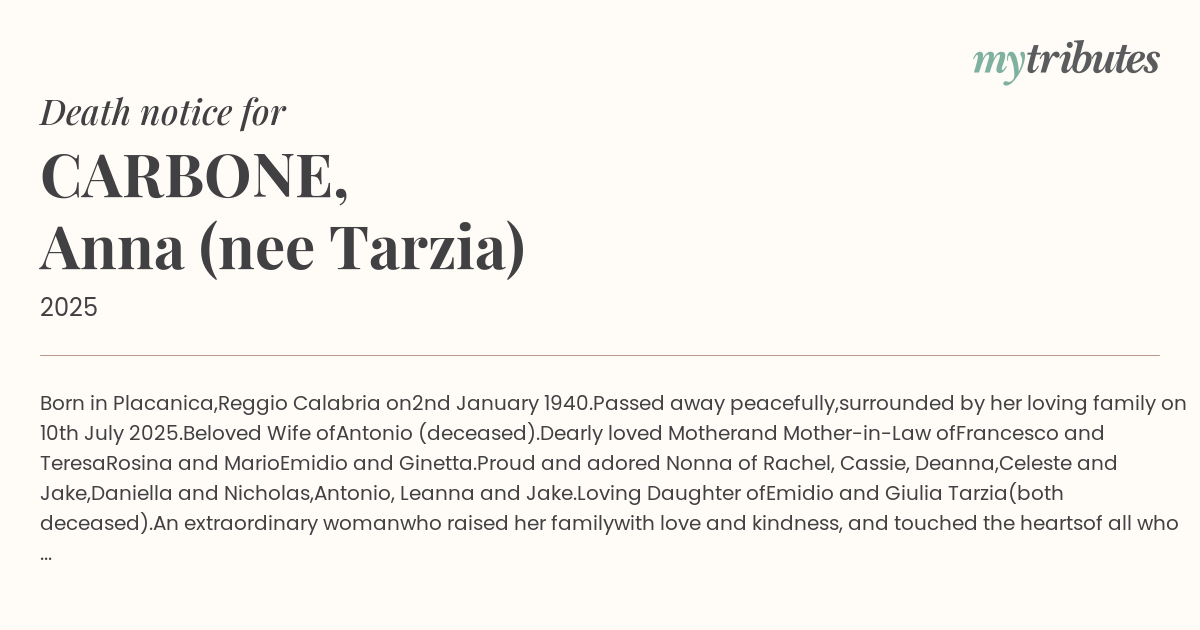 CARBONE, Anna (nee Tarzia) | Death Notices | Adelaide | The Advertiser