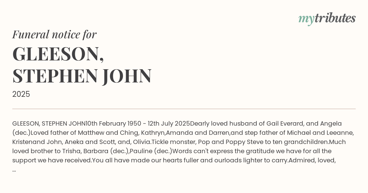 GLEESON, STEPHEN JOHN | Funeral Notices | Adelaide | My Tributes