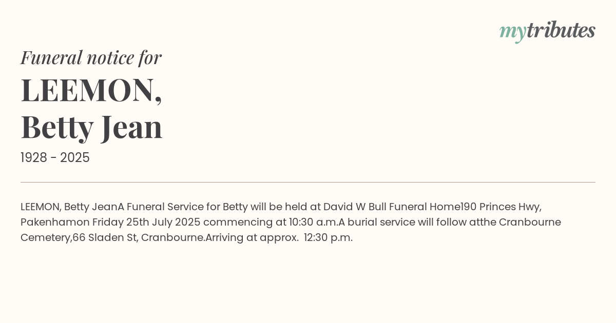 LEEMON, Betty Jean | Funeral Notices | Melbourne | Herald Sun