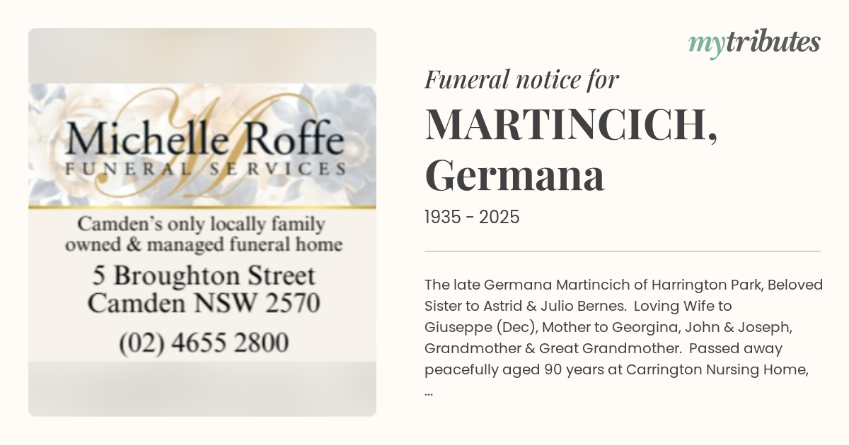 MARTINCICH, Germana | Funeral Notices | Sydney | My Tributes