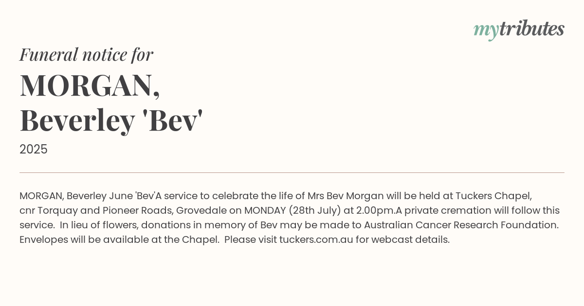 MORGAN, Beverley 'Bev' | Funeral Notices | Geelong | My Tributes
