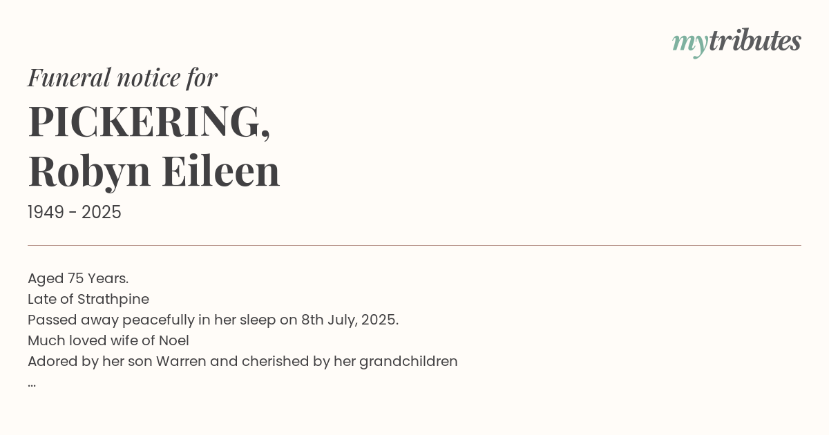 PICKERING, Robyn Eileen | Funeral Notices | Brisbane | My Tributes