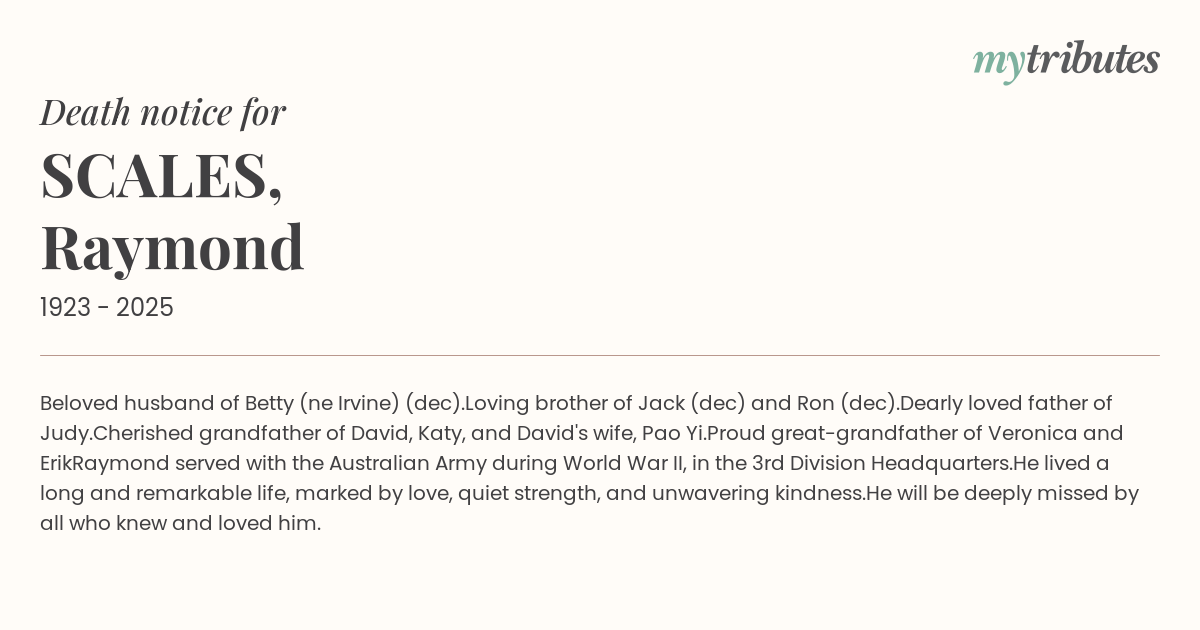 SCALES, Raymond | Death Notices | Melbourne | My Tributes