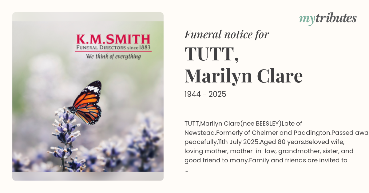 TUTT, Marilyn Clare | Funeral Notices | Brisbane | My Tributes