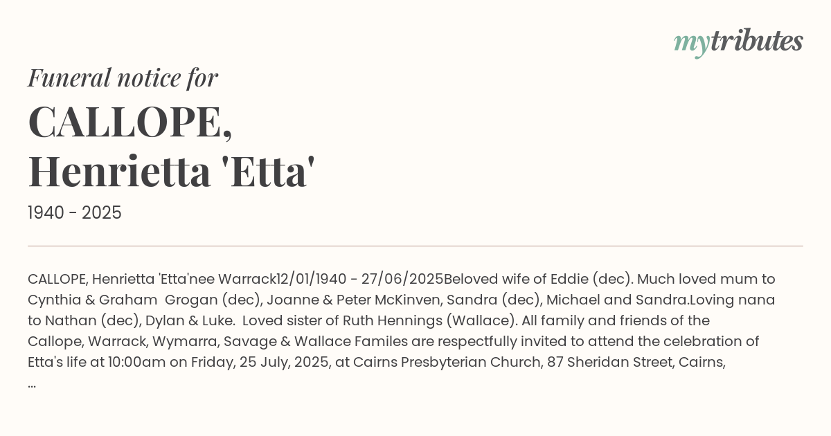 CALLOPE, Henrietta 'Etta' | Funeral Notices | Cairns | My Tributes